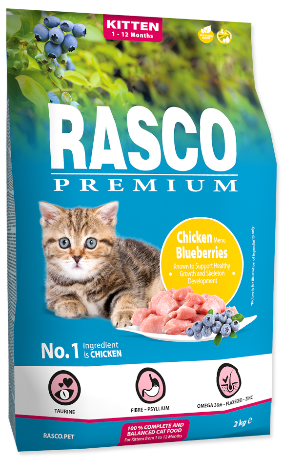 Rasco premium cat kitten karma dla kociąt - z kurczakiem i borówkami | sklep zoologiczny Kakadu.pl